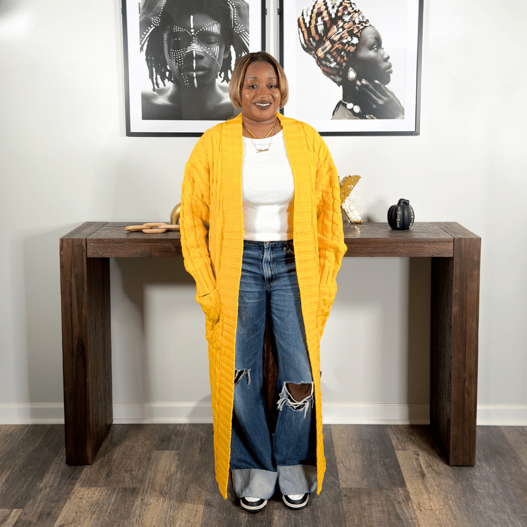 Yellow | Longline Cable Knit Cardigan – House of Charlotte Boutique